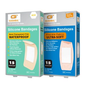 silicone adhesive bandages for elderly sensitive skin - painless removal 2''x4'' extra large 15 counts waterproof and 15 counts flexible fabric bandages by g+ guigabul - hypoallergenic - latex free