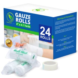 premium gauze rolls - pack of 24-4" x 4.1 yards individually wrapped, first aid conforming bandages + bonus medical tape