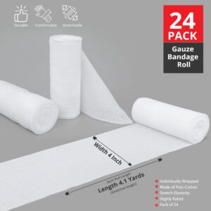 Premium Gauze Rolls - Pack of 24-4" x 4.1 Yards Individually Wrapped, First Aid conforming bandages + Bonus Medical Tape