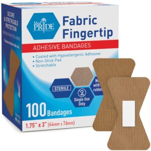 med pride sterile fabric fingertip adhesive bandages 1.75'' x 3'' [100 count]- first aid finger bandages coated with hypoallergenic adhesive- latex-rubber free wound care bandages- individual wrapped