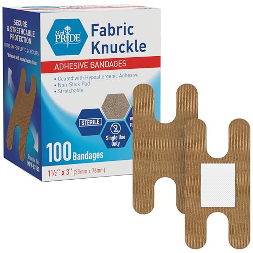 MED PRIDE Sterile Fabric Knuckle Adhesive Bandages [100 Count]- First Aid Finger Bandages Coated with Hypoallergenic Adhesive- Latex-Rubber Free Wound Care Bandages- Individual Wrapped- 1.5''x3''