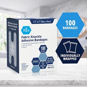 MED PRIDE Sterile Fabric Knuckle Adhesive Bandages [100 Count]- First Aid Finger Bandages Coated with Hypoallergenic Adhesive- Latex-Rubber Free Wound Care Bandages- Individual Wrapped- 1.5''x3''