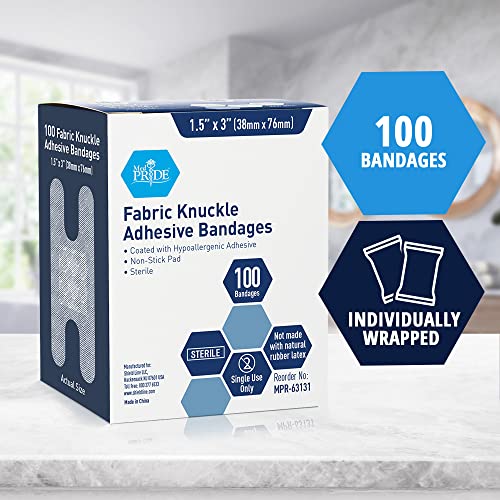 MED PRIDE Sterile Fabric Knuckle Adhesive Bandages [100 Count]- First Aid Finger Bandages Coated with Hypoallergenic Adhesive- Latex-Rubber Free Wound Care Bandages- Individual Wrapped- 1.5''x3''