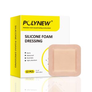 polynew silicone foam dressing with border, 4"x4"-12pcs/box adhesive waterproof high absorbency bed sore wound dressing bandage, breathable foam dressing for wound care