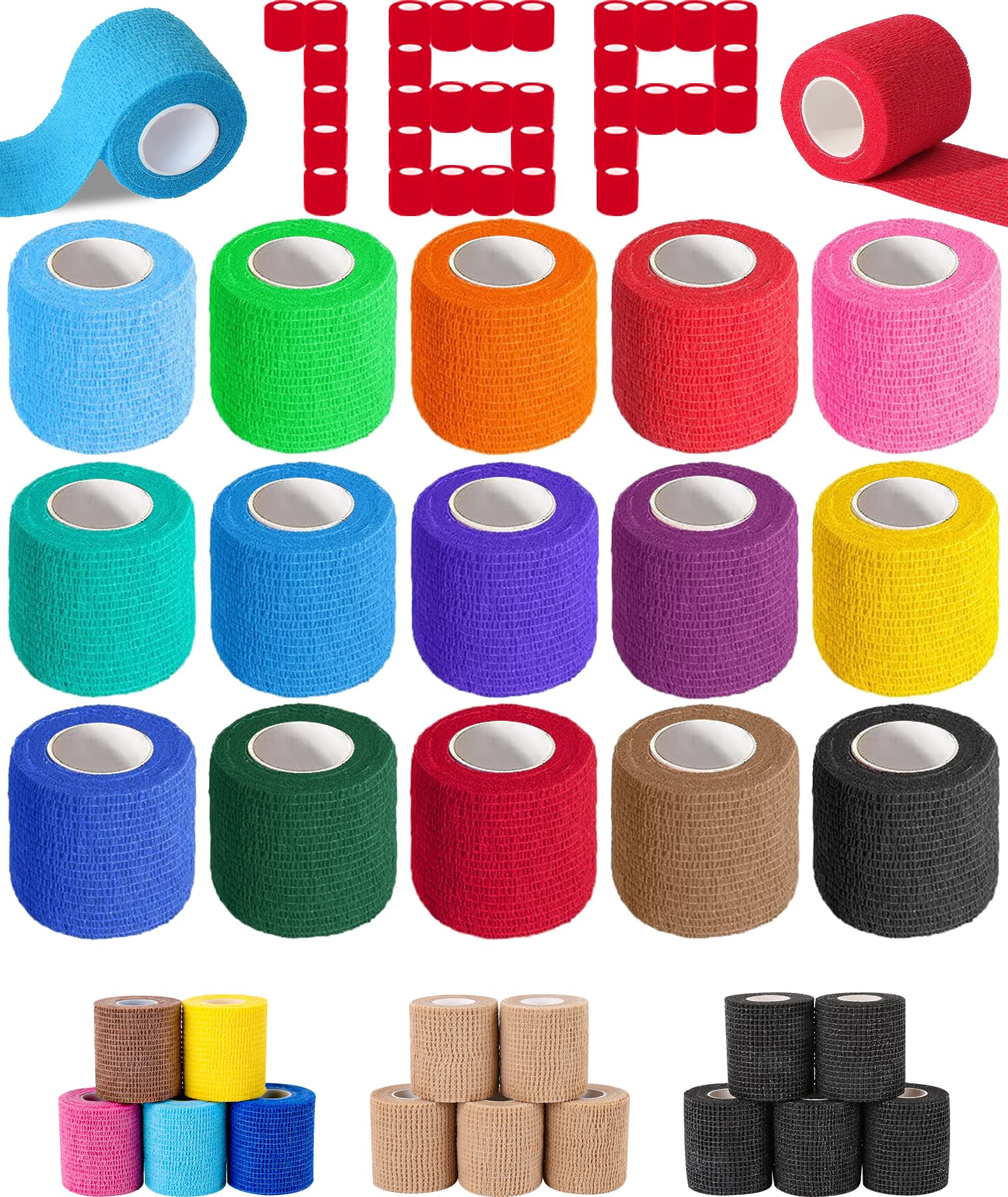 AZEN 16 Pack Self Adhesive Bandage Wrap, 2" X 5 Yards Elastic Cohesive Bandage Wrap, Color Athletic Tape, Vet Wrap, Ankle Tape, Tattoo Grip Tape Wrap