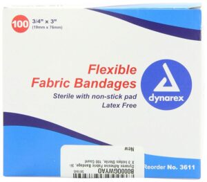 dynarex fabric adhesive bandages - sterile & flexible fabric bandages for wounds - non-stick pads - individually-wrapped first aid supplies - no latex - 3/4x3", 100 count(pack of 1)