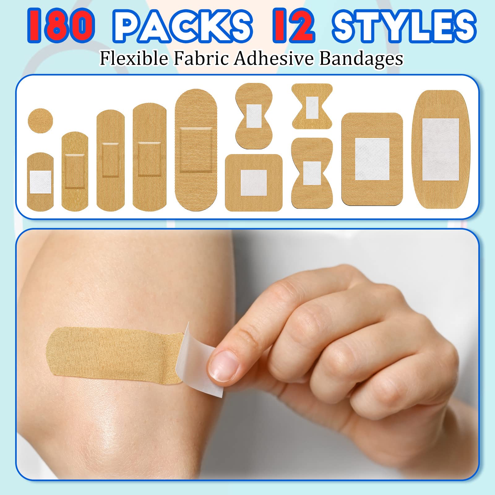 BBTO Assorted Styles Flexible Fabric Adhesive Bandages Small Breathable Fingertip Bandages Cloth Elastic Knuckle Bandages Various Sizes Spot Bandage for First Aid and Wound Care(180 Pcs)