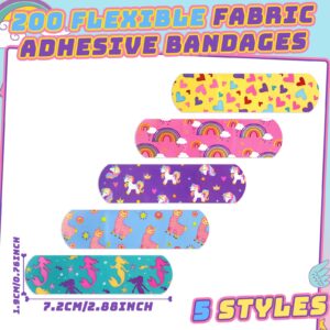 5 Styles Kids Cartoon Bandages Flexible Adhesive Colorful Strips Waterproof Cute Bandages for Girls Repair Tape Knuckle Stickers Comfortable Protection Care for Cuts Scrapes Burns (200 Pieces)