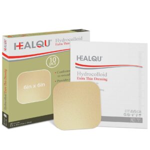 healqu hydrocolloid wound dressing - 6x6" thin - box of 10 large bandages - sterilized bordered hydrocolloid patches for bed sores, abrasions, and more - waterproof and absorbent with protective