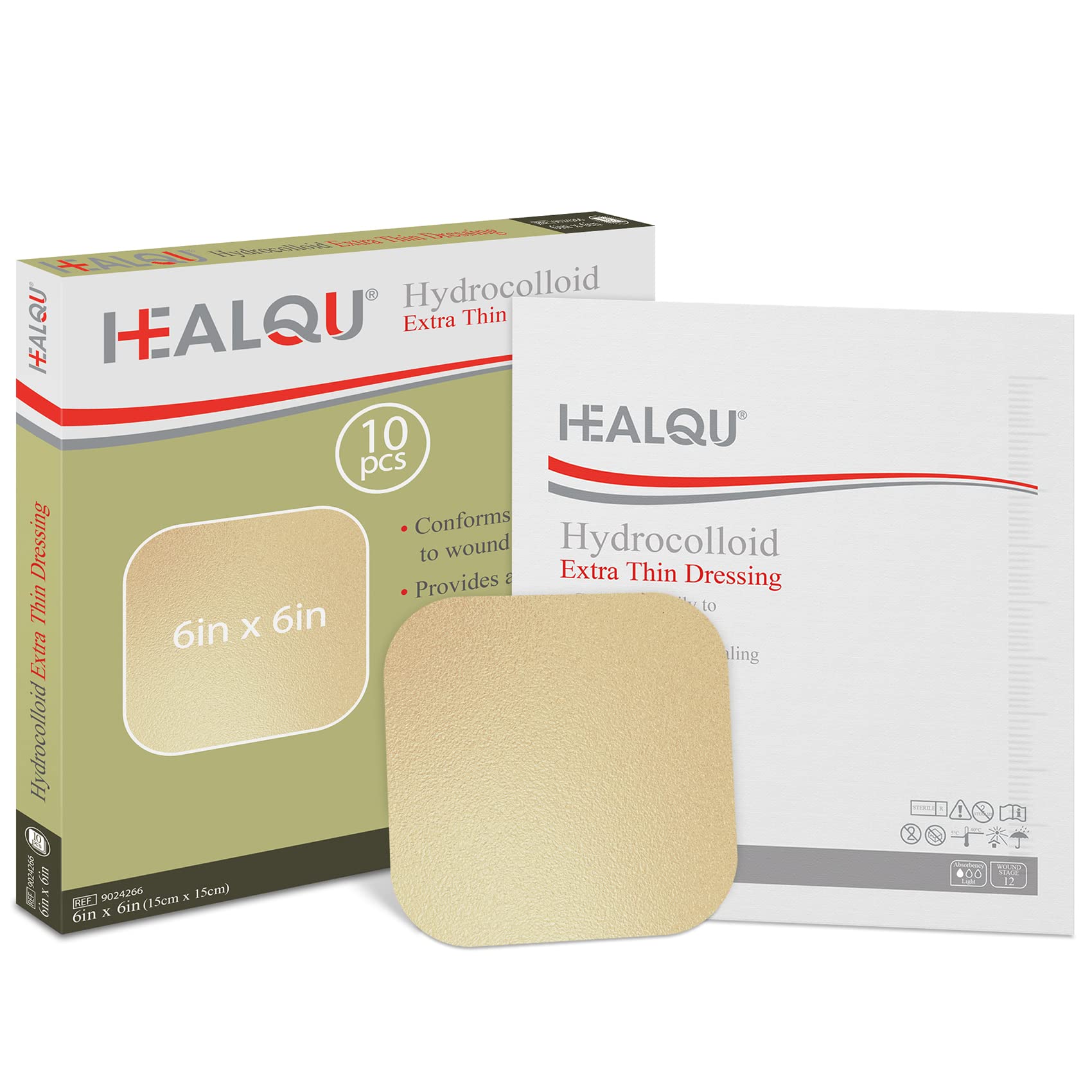 Healqu Hydrocolloid Wound Dressing - 6x6" Thin - Box of 10 Large Bandages - Sterilized Bordered Hydrocolloid Patches for Bed Sores, Abrasions, and More - Waterproof and Absorbent with Protective