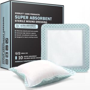 everlit super absorbent dressing for wound care | nonstick soft surgical gauze pad for heavily exuding wounds | large sterile non-adhesive bandage for fast healing wound care | pack of 10 (4" x 4")