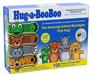 super fun kids bandages by hug-a-booboo! the amazing animal bandages that hug! children’s favorite stuffed animal designs – hippo, puppy, teddy bear & frog! family pack value assortment -100ct box