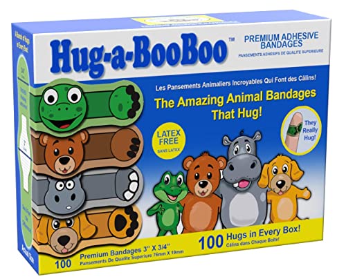 Super Fun Kids Bandages by Hug-a-BooBoo! The Amazing Animal Bandages That Hug! Children’s Favorite Stuffed Animal Designs – Hippo, Puppy, Teddy Bear & Frog! Family Pack Value Assortment -100ct Box