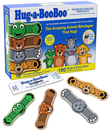 Super Fun Kids Bandages by Hug-a-BooBoo! The Amazing Animal Bandages That Hug! Children’s Favorite Stuffed Animal Designs – Hippo, Puppy, Teddy Bear & Frog! Family Pack Value Assortment -100ct Box