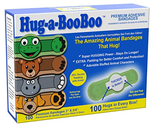 Super Fun Kids Bandages by Hug-a-BooBoo! The Amazing Animal Bandages That Hug! Children’s Favorite Stuffed Animal Designs – Hippo, Puppy, Teddy Bear & Frog! Family Pack Value Assortment -100ct Box