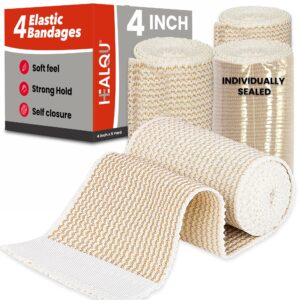 healqu premium elastic bandage - self-closure compression wrap for legs, knees, ankles, wrists, elbows, shoulders - 4 inch by 5 yards, box of 4 rolls athletic stretchable bandage wrap