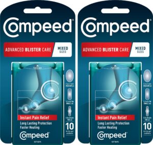 compeed advanced blister care 10 count mixed sizes pads (2 packs), hydrocolloid bandages, heel patches, blister on foot, blister prevention & treatment, waterproof cushions, packaging may vary