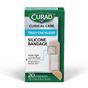 curad truly ouchless!® silicone bandages, .75" x 3", for sensitive or delicate skin, flexible fabric, protects scrapes, cuts & burns, 20 count