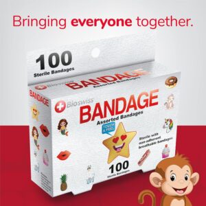 BioSwiss Bandages, Assorted Animal, Fun, and Food Shaped Self Adhesive Bandage, Latex Free Sterile Wound Care, 100 Count