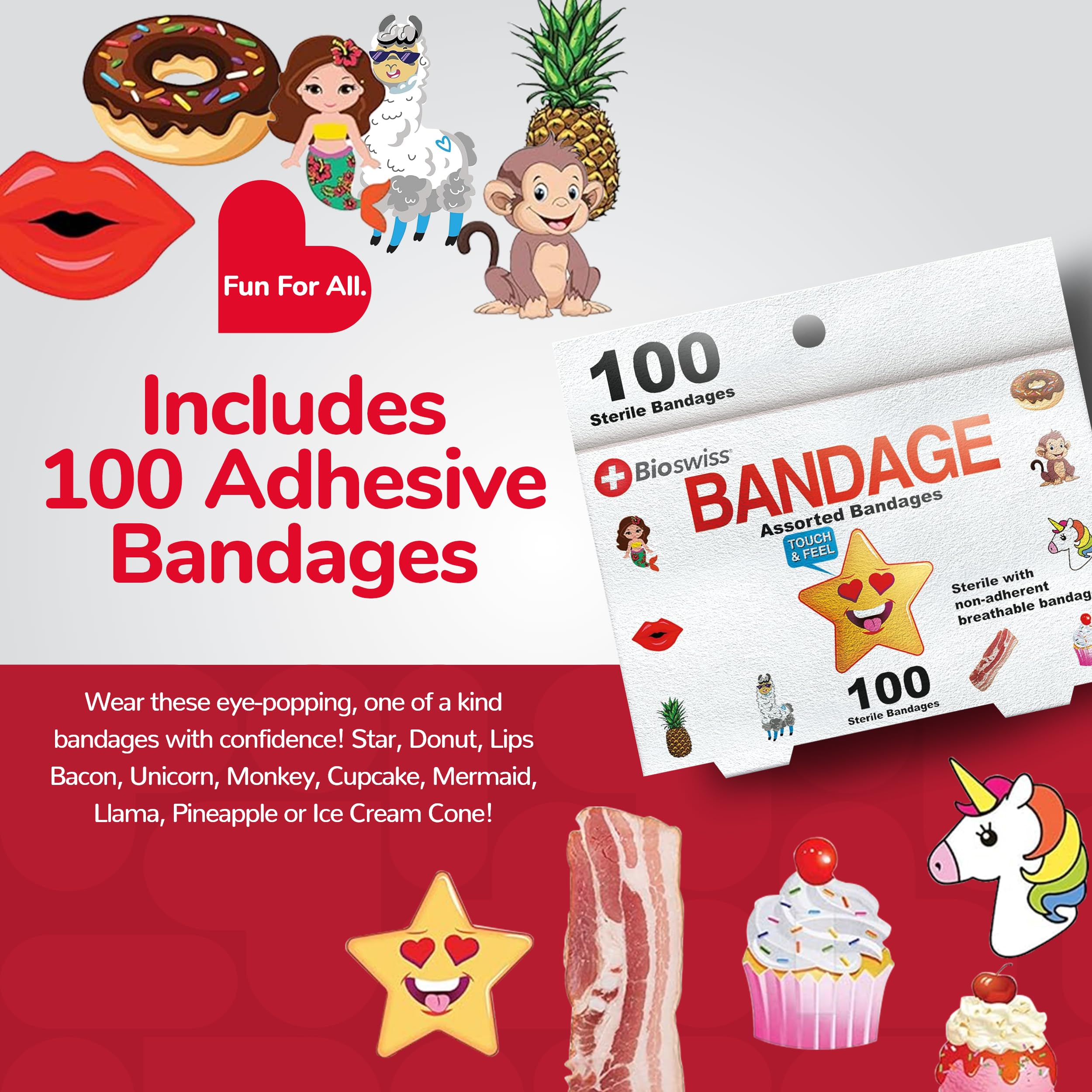 BioSwiss Bandages, Assorted Animal, Fun, and Food Shaped Self Adhesive Bandage, Latex Free Sterile Wound Care, 100 Count