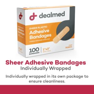 Dealmed Sheer Plastic Flexible Adhesive Bandages – 100 Count (1 Pack) Bandages with Non-Stick Pad, Latex Free, Wound Care for First Aid Kit, 1" x 3"