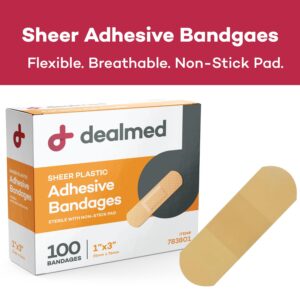 Dealmed Sheer Plastic Flexible Adhesive Bandages – 100 Count (1 Pack) Bandages with Non-Stick Pad, Latex Free, Wound Care for First Aid Kit, 1" x 3"