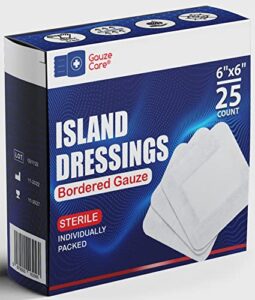 gauzecare island dressing 6x6 (inch) 25 pcs| individually packed sterile bordered dressing | 4x4 non-stick pad in center with acrylic adhesive borders| water-resistant adhesive pads for wound care