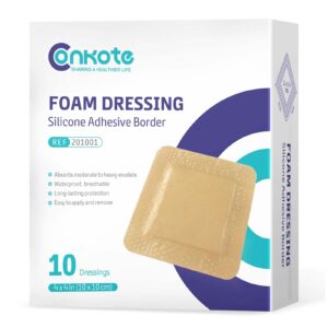 conkote silicone foam dressings 4'' x 4'', gentle adhesive wound dressing for wound care, box of 10 dressings