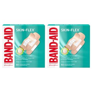 band-aid brand skin-flex adhesive bandages for first aid & wound care of minor cuts, scrapes & burns, flexible sterile bandages great for fingers, hands & knees, assorted sizes, 2 x 60 ct