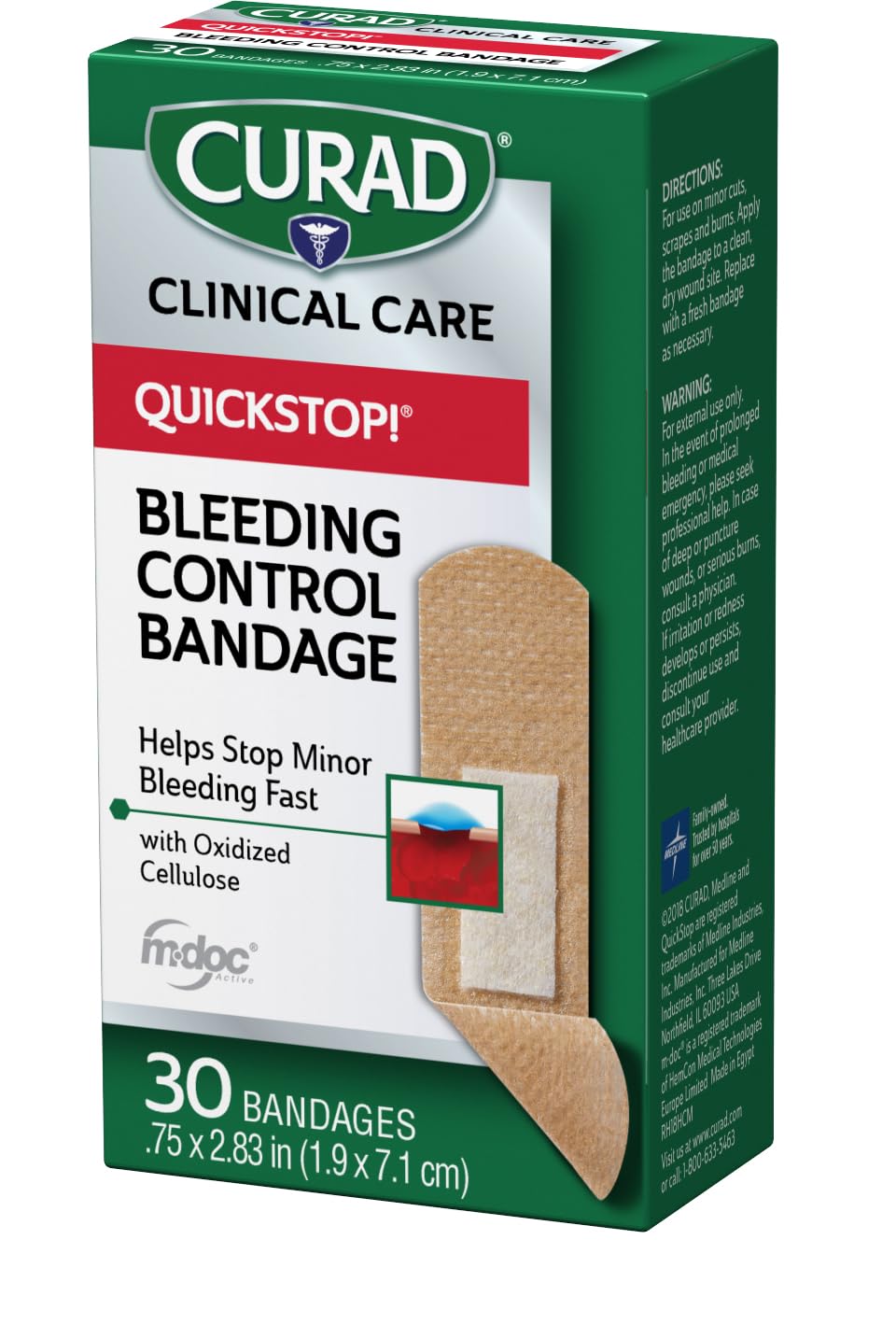 CURAD QuickStop! Flex-Fabric Bandages, 0.75x2.83 Inch, 30/Box, One Box