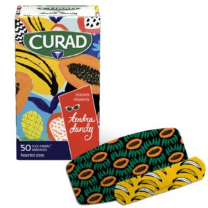 curad kendra dandy designer adhesive fabric bandages (50 count variety pack), 4 colorful patterns, 35 count standard bandages & 15 count xl bandages