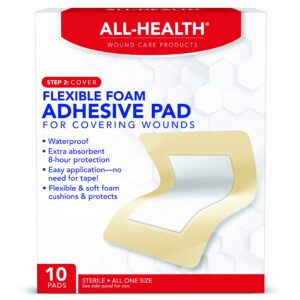 all health flexible foam adhesive pad, 10 pads, 3.5 in x 4.5 in, 8 hour protection | waterproof bandage for covering wounds