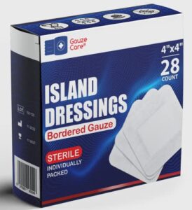 gauzecare island dressing 4x4 inch 28 pcs| individually packed sterile pouches| 2x2 non-stick pad in center with acrylic adhesive borders| water-resistant adhesive pads for wound care and dressing