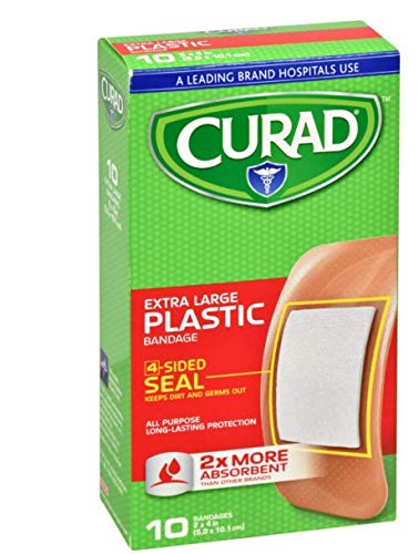 Curad Extra Large Plastic Bandage with 4-Sided Seal, 2x4 Inch (Pack of 10)