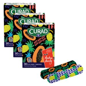 curad kendra dandy designer adhesive fabric bandages (90 count), 2 colorful patterns - pineapples and papayas, first aid bandages are .75" x 3", 30 count boxes (3 pack)