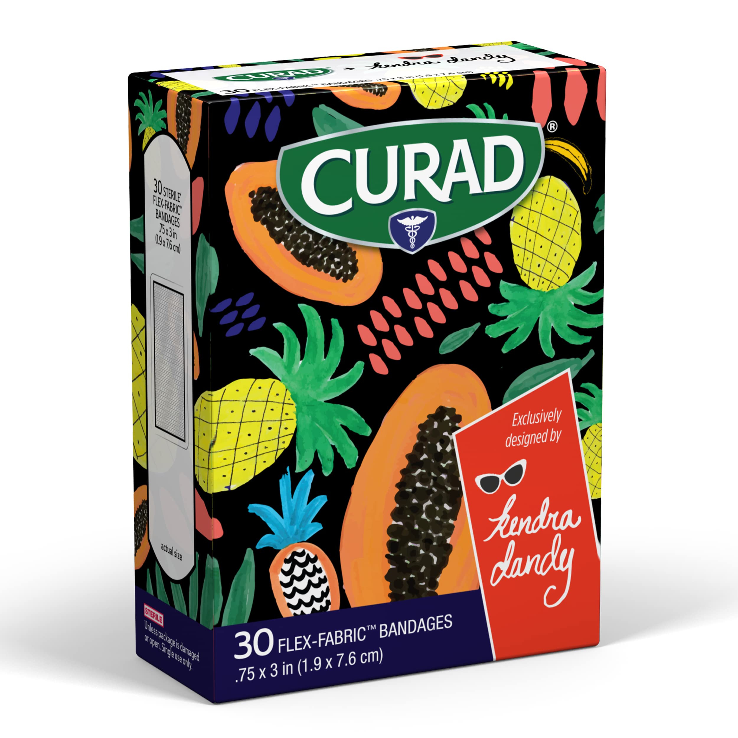 Curad Kendra Dandy Designer Adhesive Fabric Bandages (90 Count), 2 Colorful Patterns - Pineapples and Papayas, First Aid Bandages are .75" x 3", 30 Count Boxes (3 Pack)