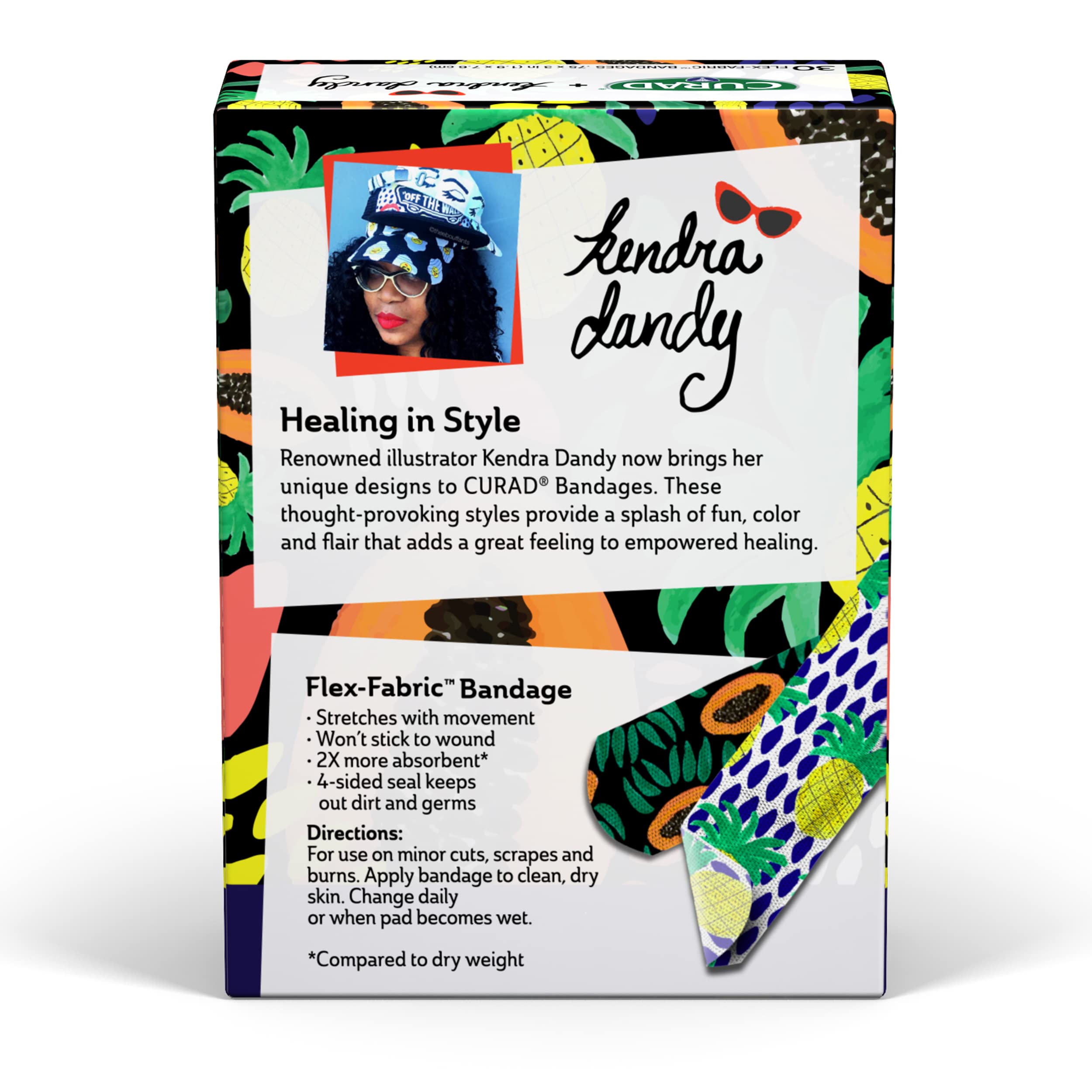 Curad Kendra Dandy Designer Adhesive Fabric Bandages (90 Count), 2 Colorful Patterns - Pineapples and Papayas, First Aid Bandages are .75" x 3", 30 Count Boxes (3 Pack)