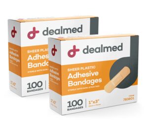 dealmed sheer plastic flexible adhesive bandages – 100 count (2 pack) bandages with non-stick pad, latex free, wound care for first aid kit, 1" x 3"