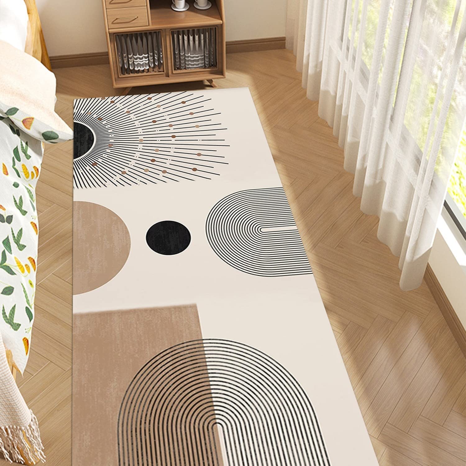 Boho Bedroom Area Rugs Modern Abstract Runner Rugs for Living Room Non Slip Bathroom Floor Carpet Decoratvie Nursery Room Decor Beige Brown Black Rugs for Bedroom Aesthetic 23.6"x59"