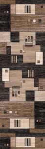 rug branch montage modern geometric checkered brown beige indoor runner rug for entryway, hallway, bathroom, and kitchen - 3' x 8' (2'8" x 8')