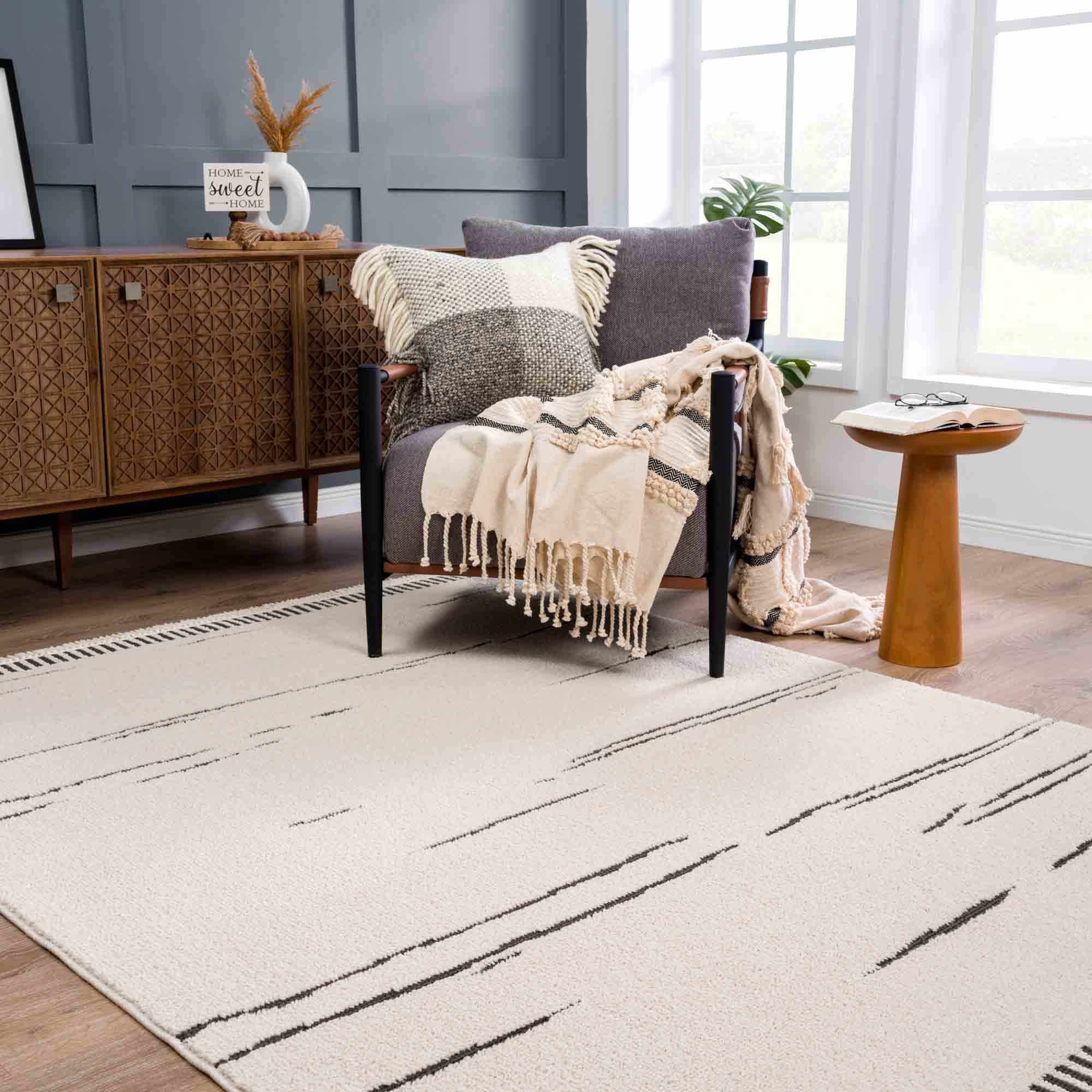 Hauteloom Munich Modern Farmhouse Hallway Entryway Runner Rug - Casual Boho Long Runner Rug - Bohemian Neutral Minimalist - Bone, Cream, Beige, Black - 2'7" x 7'3"