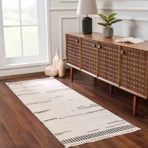 Hauteloom Munich Modern Farmhouse Hallway Entryway Runner Rug - Casual Boho Long Runner Rug - Bohemian Neutral Minimalist - Bone, Cream, Beige, Black - 2'7" x 7'3"