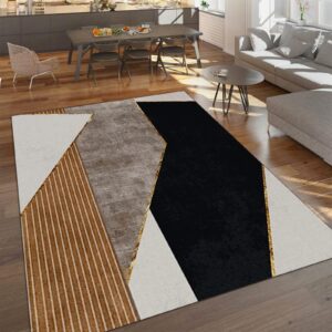 modern golden brown stripes area rug, black and white geometric irregular pattern art large rugs, with anti-slip backing washable indoor carpet for living room bedroom study room-2x6ft