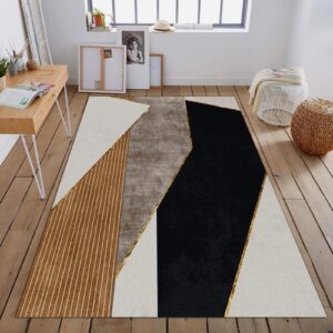 Modern Golden Brown Stripes Area Rug, Black and White Geometric Irregular Pattern Art Large Rugs, with Anti-Slip Backing Washable Indoor Carpet for Living Room Bedroom Study Room-2x6ft