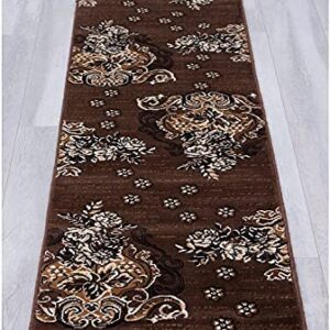 Champion Rugs Chocolate Brown/Beige/Mocha/Ivory/Abstract Area Rug Modern Contemporary Flower Swirls Pattern Carpet (2’ X 7’ Runner)