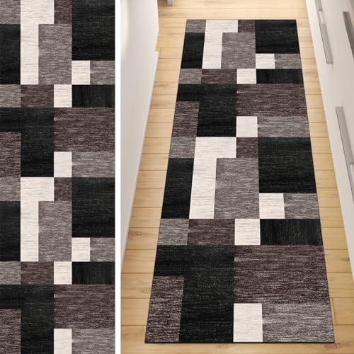 Runner Carpet for Hallway Non Slip Brown Black 4'x5' Patchwork Washable Home Decor Runners for Corridor Kitchen Living Room Hallway Bedroom Entryway Customizable, 1'3"-4' Width