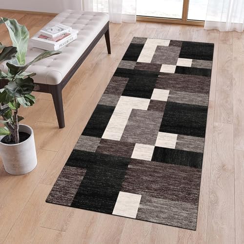 Runner Carpet for Hallway Non Slip Brown Black 4'x5' Patchwork Washable Home Decor Runners for Corridor Kitchen Living Room Hallway Bedroom Entryway Customizable, 1'3"-4' Width