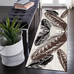 runner carpet for hallway non slip 1'7"x8' grey brown black feather pattern washable door mat home decor area rug for kitchen bedroom entryway living customizable, 1'3"-4' width