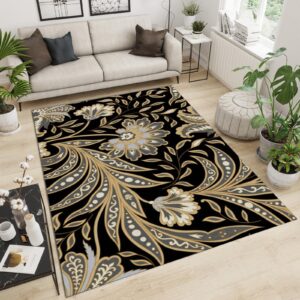 luxury abstract leaves floral area rugs, black background brown plants living room rug, soft cozy breathable washable entryway rug for dining room bedroom bedside indoor runner, 2x3ft