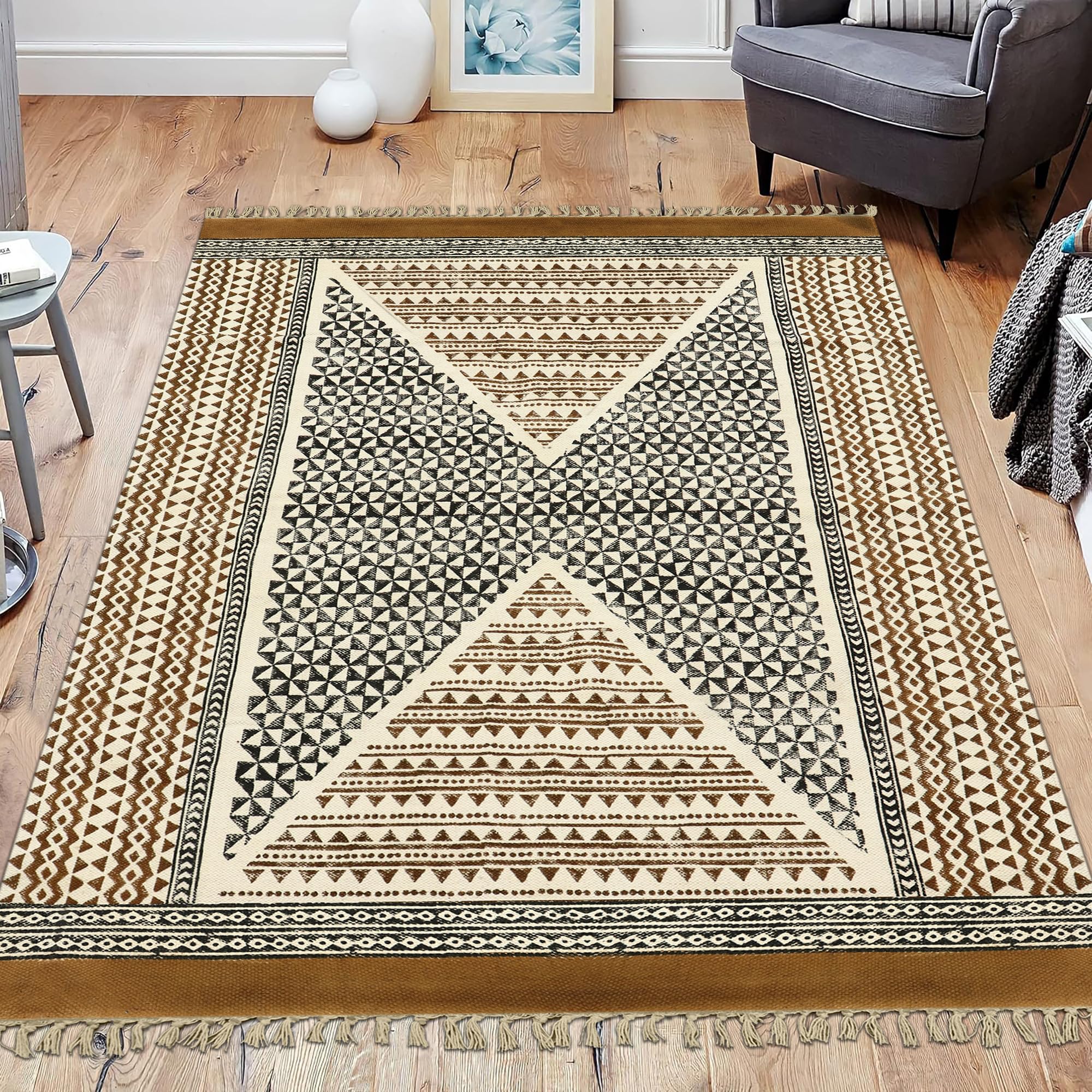 CASAVANI Collection Runner - 5x10 Area Rug Black & Brown Cotton Dhurrie Geometric Kilim Rug Indoor Outdoor Use Carpet Flatweave Rugs for Home & Foyer Corridor Hallway & Stair Runner